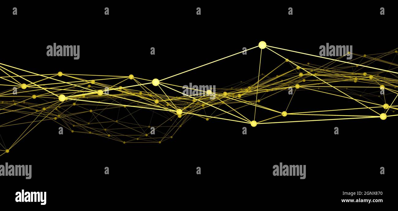 Network wireframe of connected yellow lines and dots against black ...