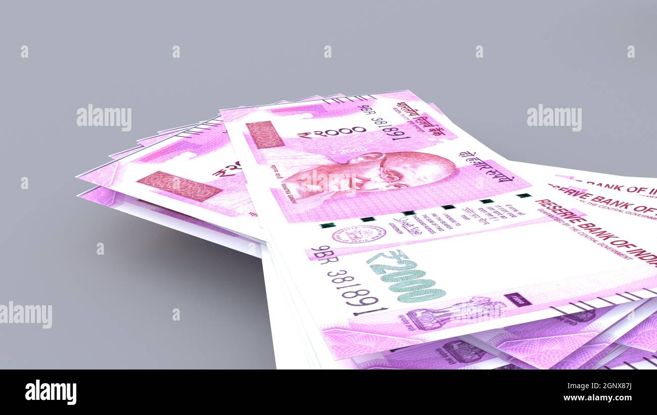 3d rendering of 2000 Indian rupees notes on plain background Stock ...