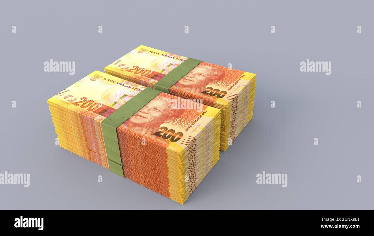 3d rendering of 200 South African Rands bundles stack on plain ...