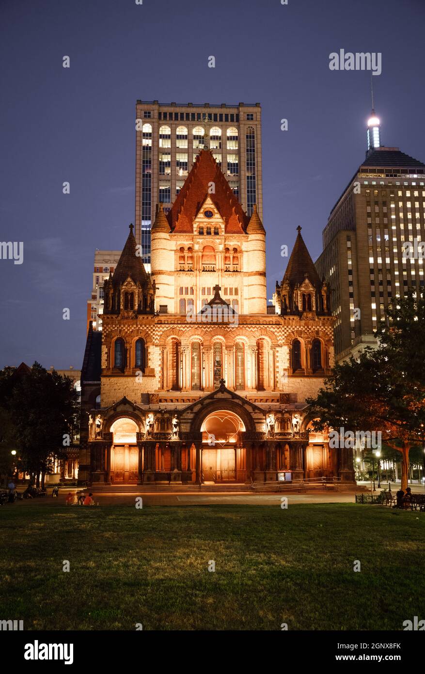 Nighttime view of historic Trinity Church in downtown Boston Stock ...