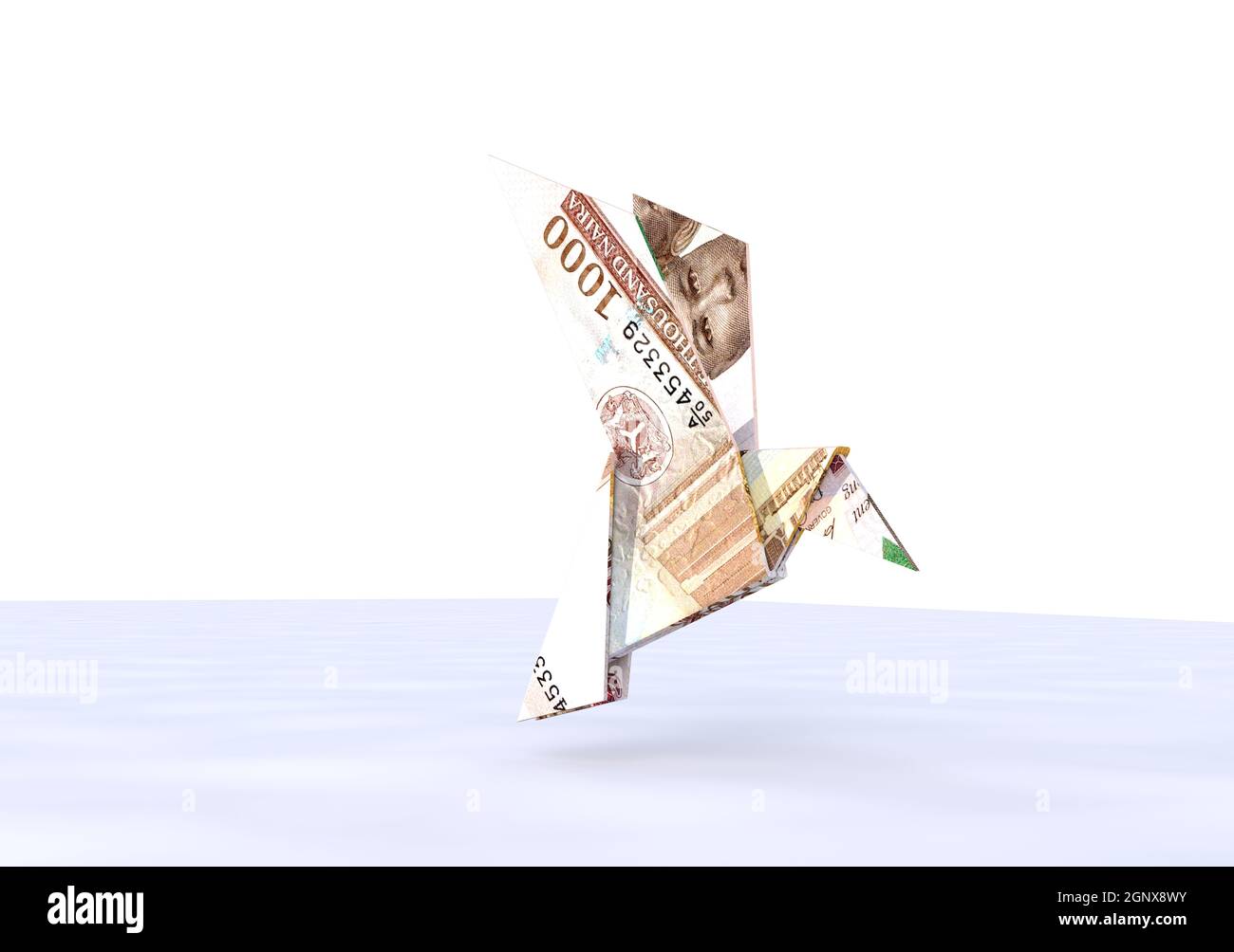 3d illustration of a bird of 1000 naira note on a white plain ...