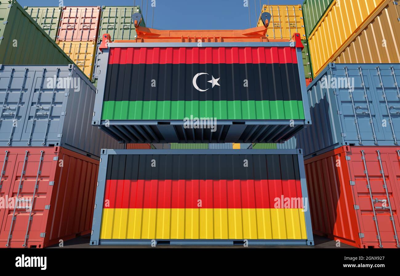 Freight containers with Libya and German national flags. 3D Rendering ...