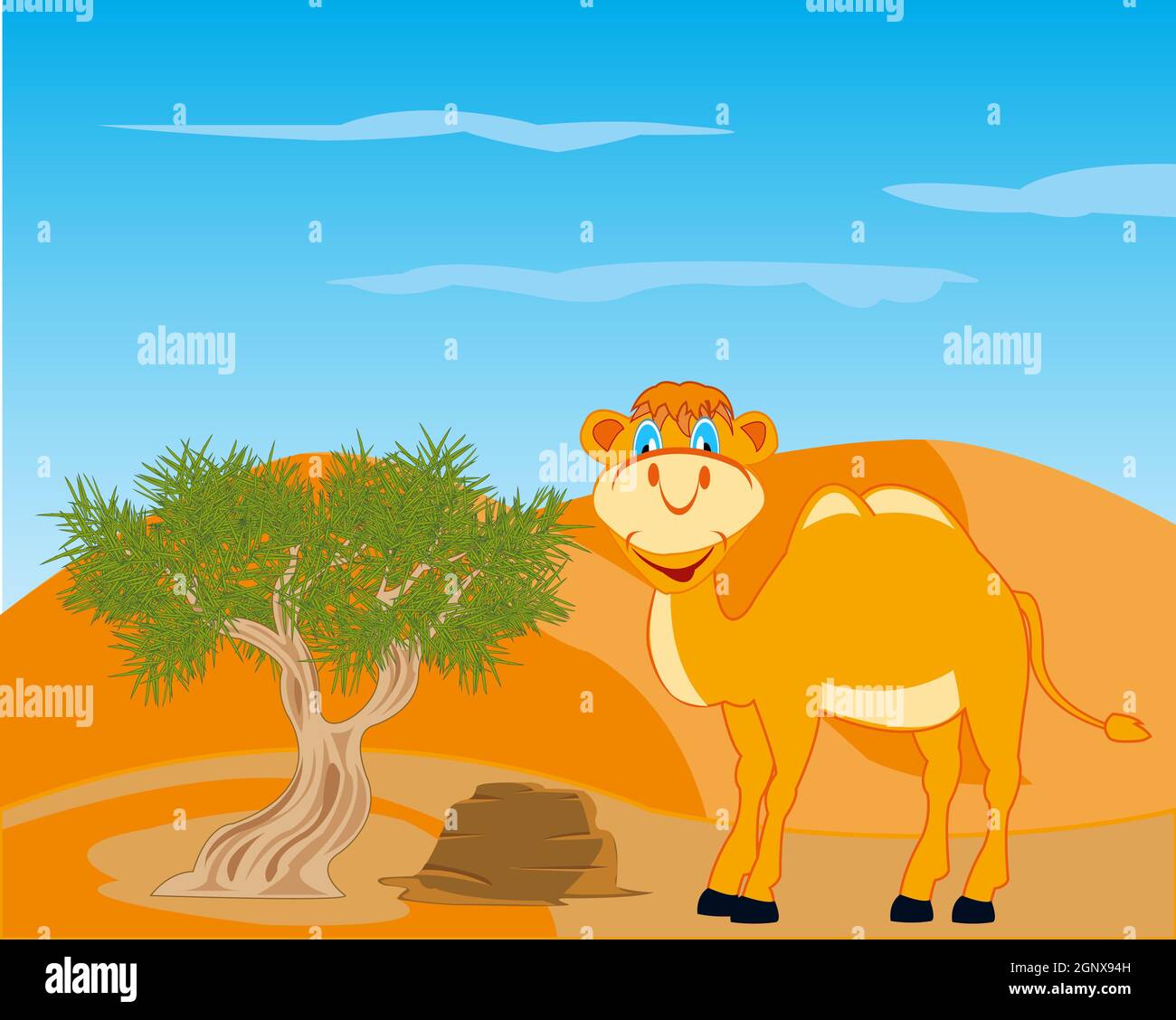 Animal camel and tree saxaul on background sun dune Stock Photo - Alamy