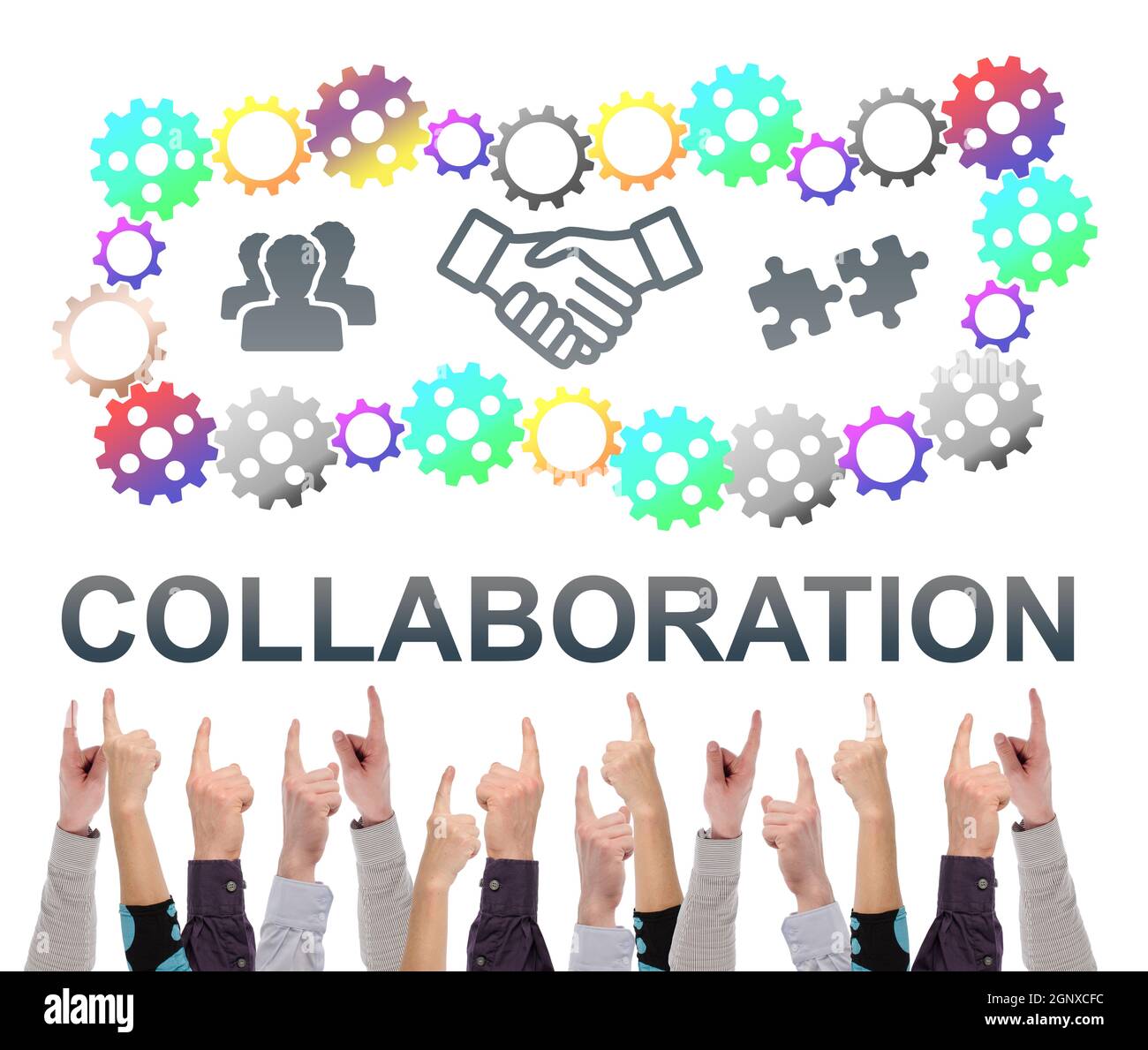 Collaboration concept on white background pointed by several fingers ...