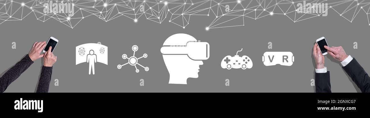 Top view of hands using mobile phone with symbol of virtual reality ...