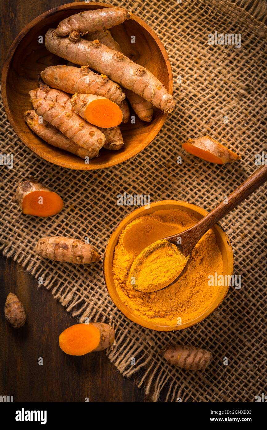 Turmeric root and powder (Curcuma longa) as cooking ingredient on ...