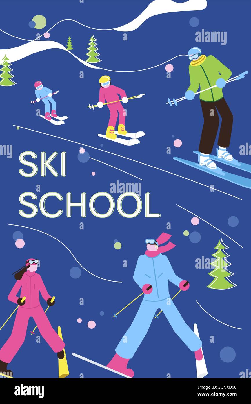 Ski Schoolbanner with group of student skiers with instructor. Flat Art ...