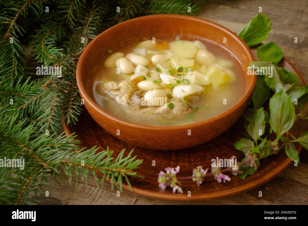 A bowl of healthy white beans soup, traditional belarusian cuisine ...