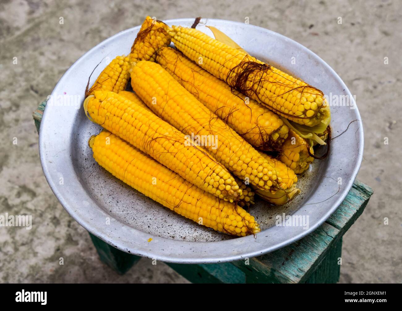 Boiled corn on an aluminum tray. Yellow boiled young corn, useful and ...