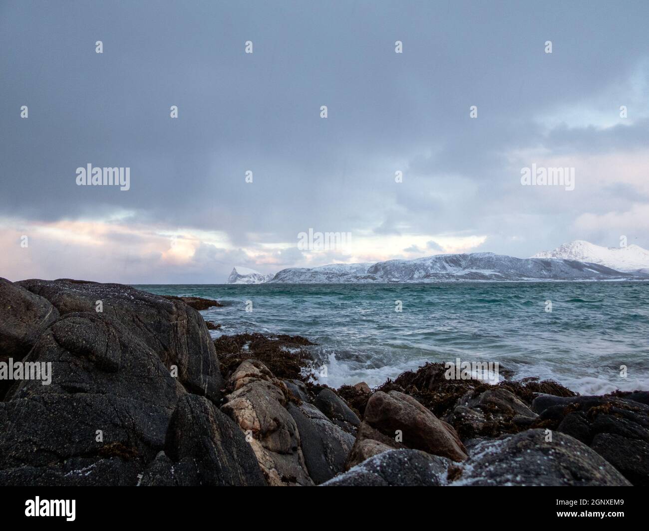 Landscape in wintertime near Sommaroya on the island Kvaloya in Norway ...