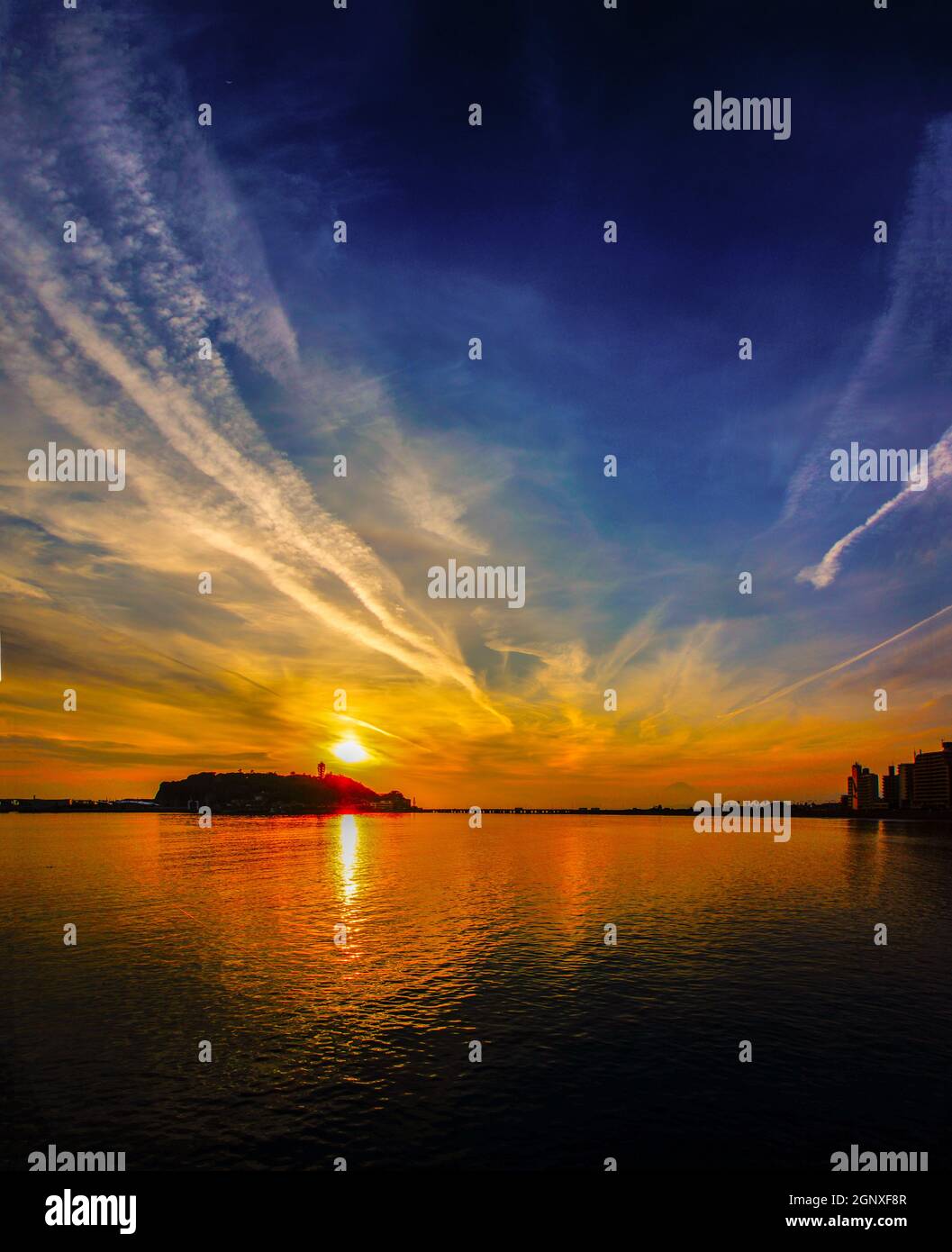 Enoshima of silhouette and sunset. Shooting Location: Kamakura, Kanagawa Prefecture Stock Photo ...