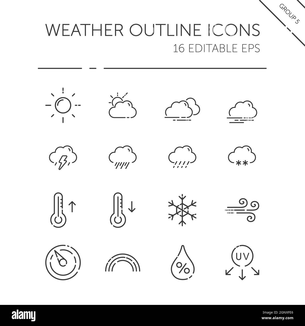 Weather and meteorology thin line icon set. Sun, clouds, temperature ...