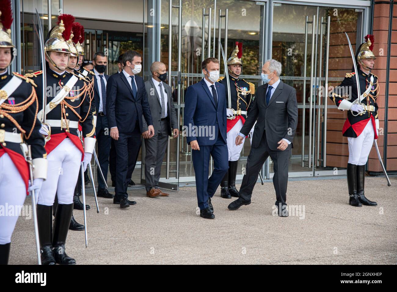 French President Emmanuel Macron at the ceremony for the opening of the ...