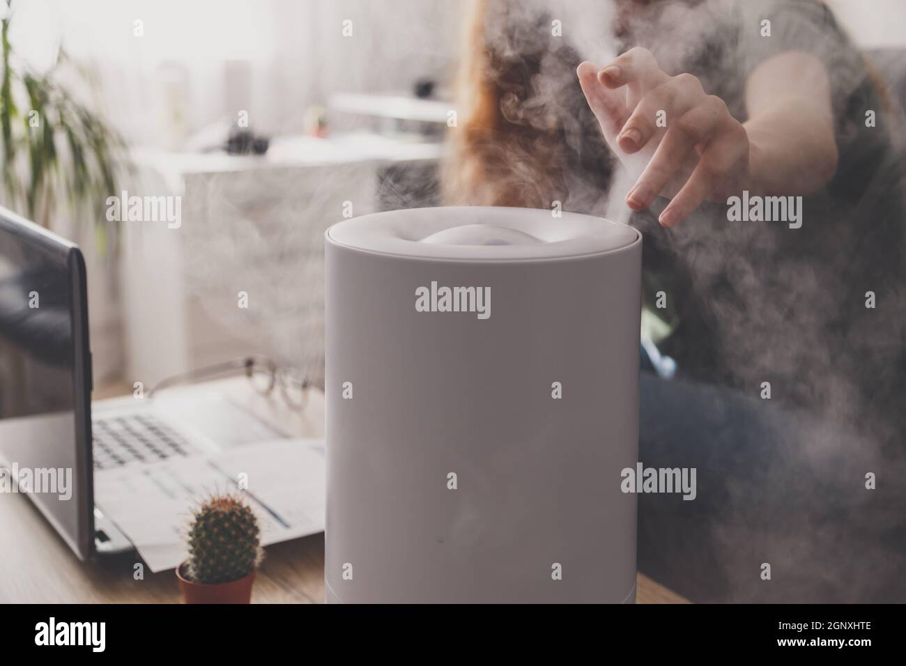 Woman freelancer uses a household humidifier in the workplace to ...