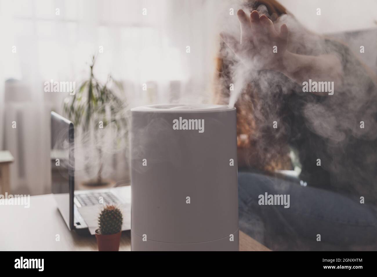Woman freelancer uses a household humidifier in the workplace to ...