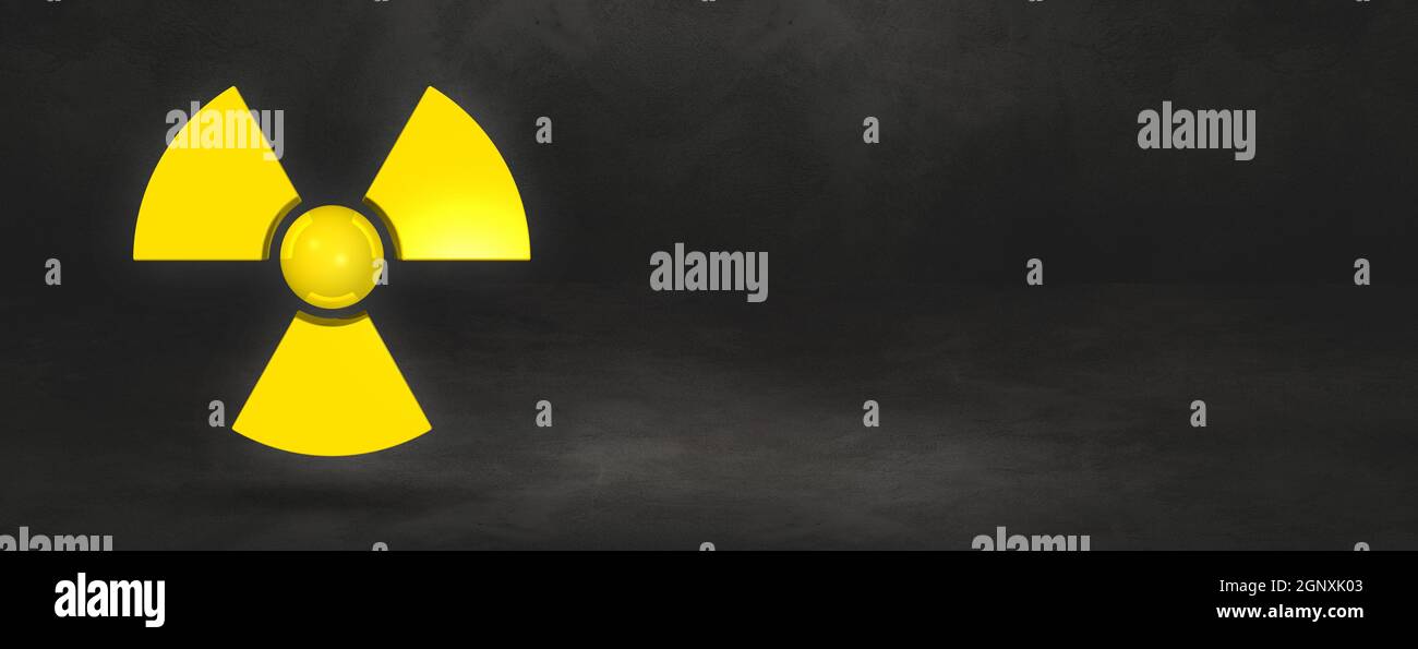 Radioactive symbol isolated on a black studio background banner. 3D ...