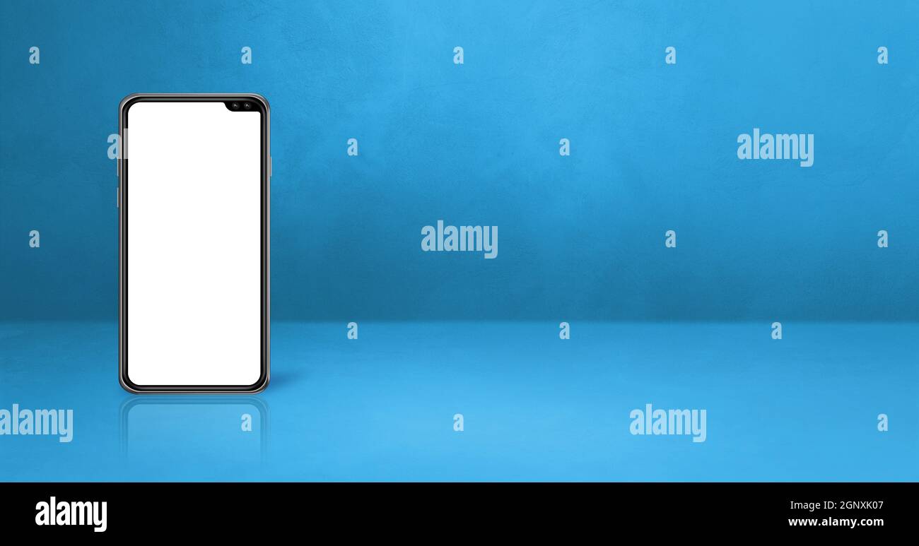 Mobile phone on blue office desk. Horizontal background banner. 3D ...