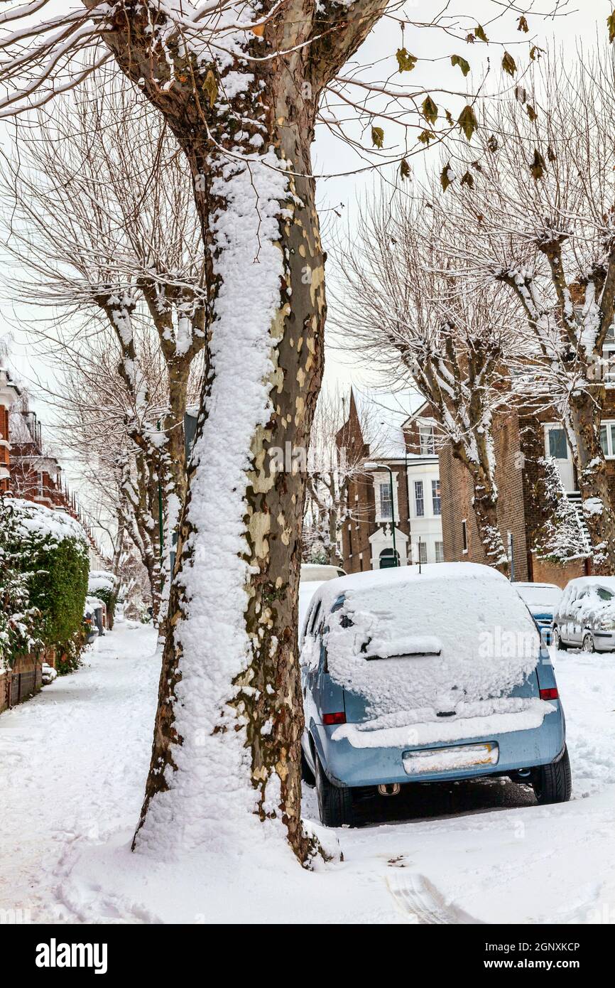 Street winter cityscape with snow terraced houses and frozen cars after ...