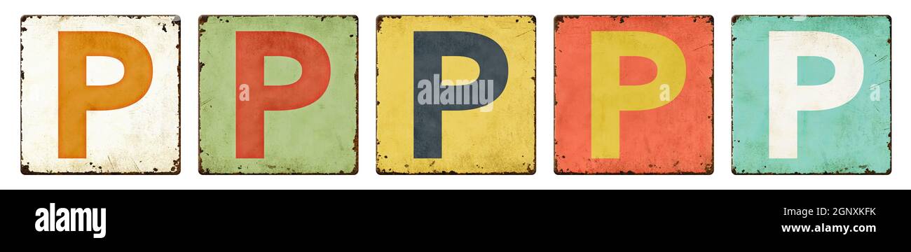 Five vintage tin signs on a white background - Letter P Stock Photo - Alamy
