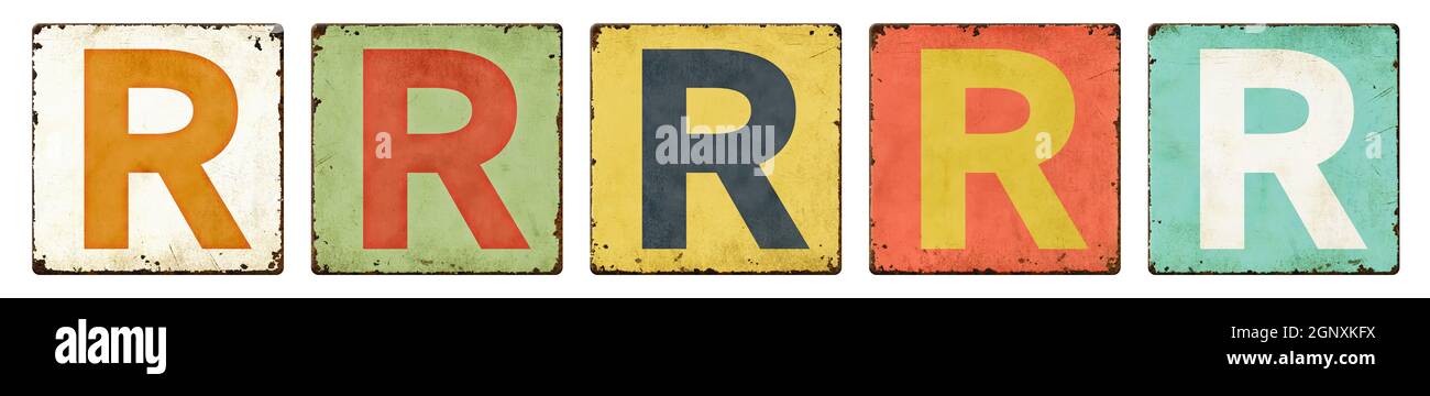 Five vintage tin signs on a white background - Letter R Stock Photo - Alamy