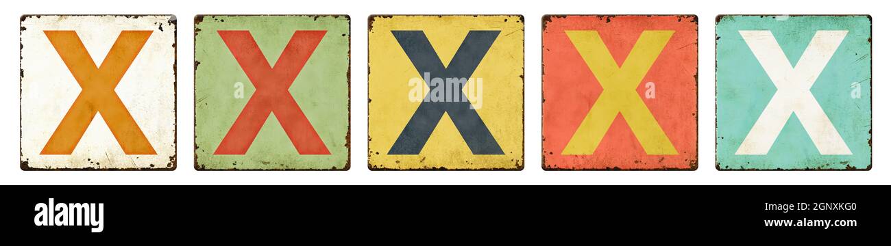 Five vintage tin signs on a white background - Letter X Stock Photo - Alamy