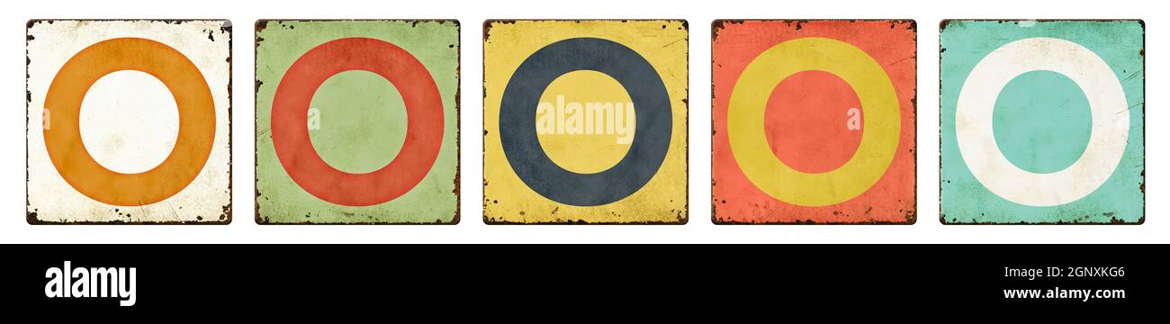 Five vintage tin signs on a white background - Letter O Stock Photo - Alamy