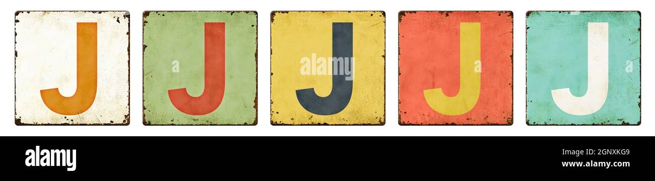 Five vintage tin signs on a white background - Letter J Stock Photo - Alamy