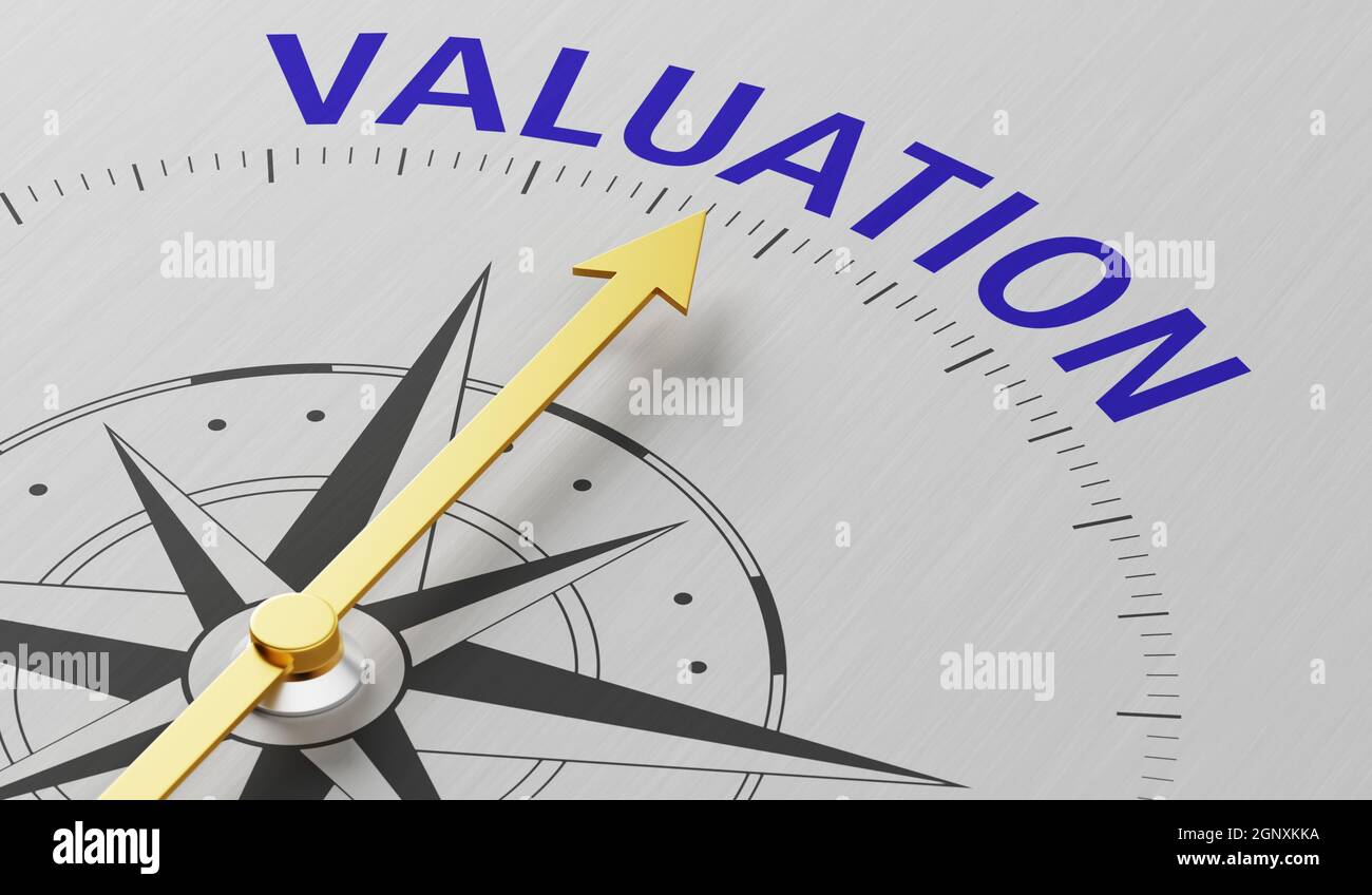 Compass needle pointing to the text Valuation - 3d render Stock Photo ...