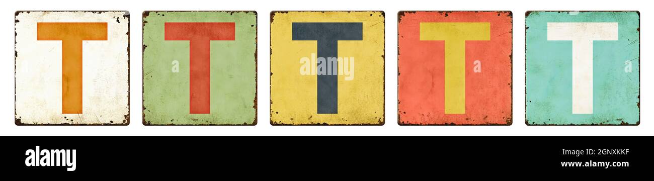 Five vintage tin signs on a white background - Letter T Stock Photo - Alamy
