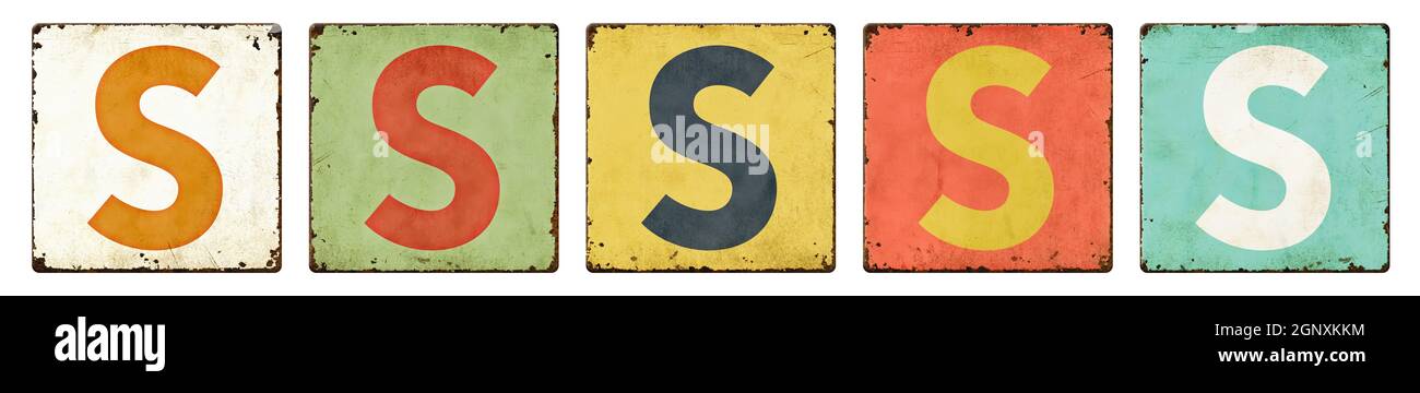 Five vintage tin signs on a white background - Letter S Stock Photo - Alamy