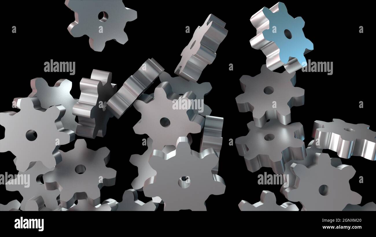 Falling many gears, computer generated. 3d render of industrial ...