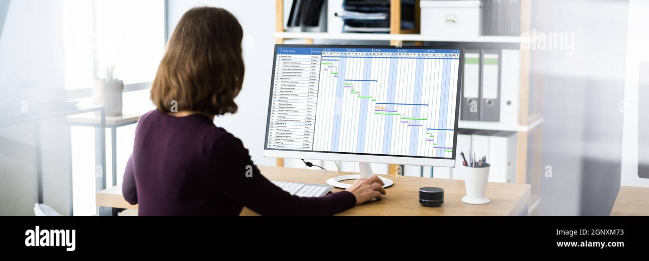 Businesswoman Working On Gantt Chart Using Computer On Office Desk ...