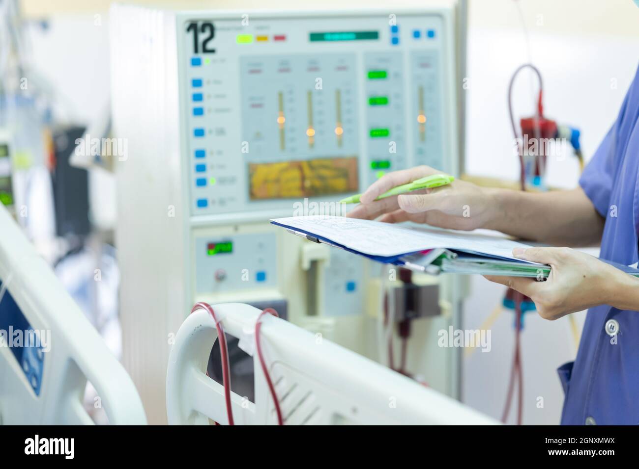 The specialist are checking continuous renal replacement therapy ...