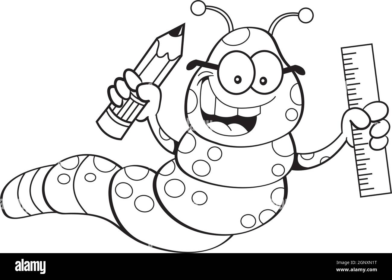 Black and white illustration of an inchworm holding a sign and a ruler ...