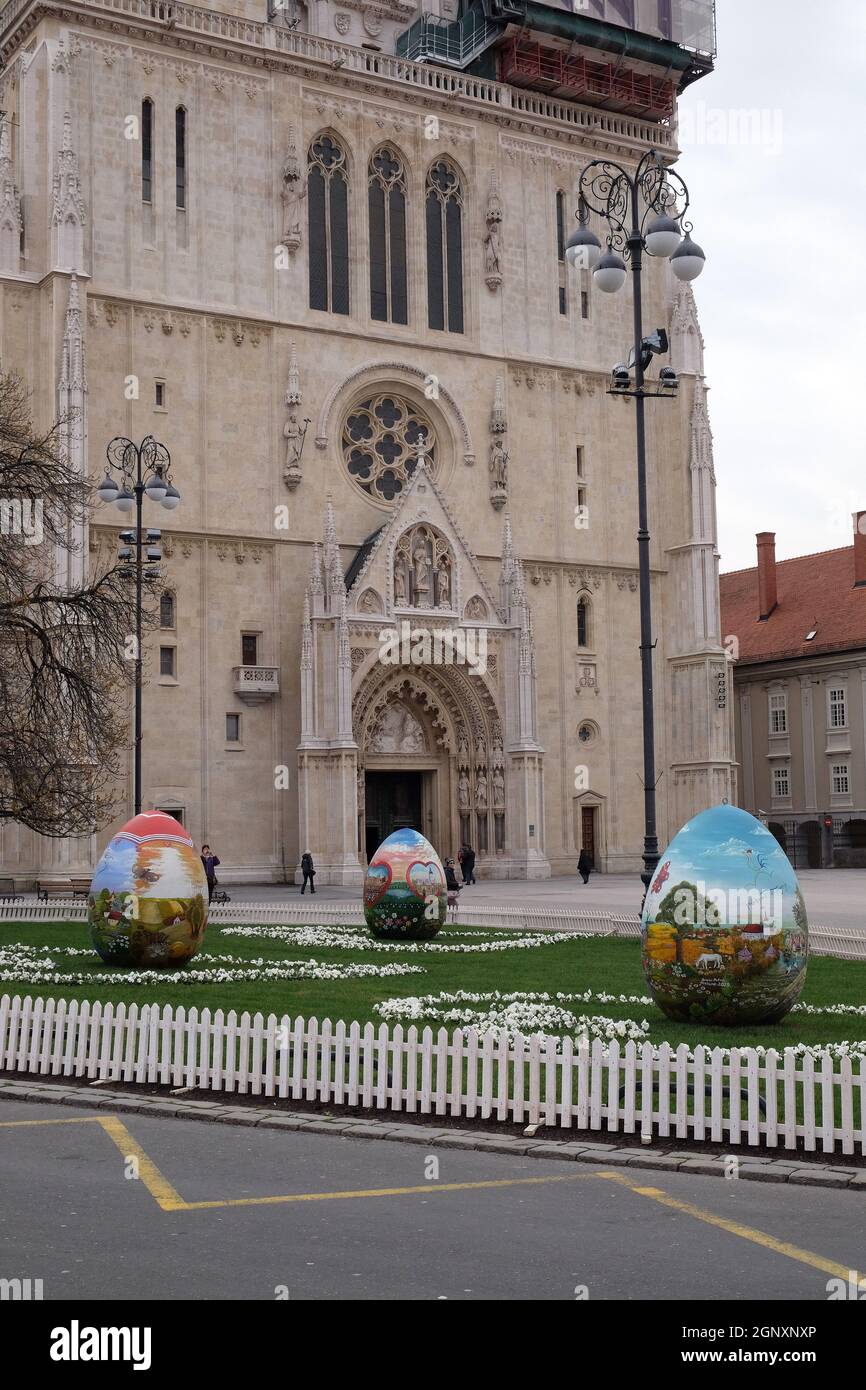 Easter in Zagreb. Easter eggs placed on the square in front of Zagreb ...