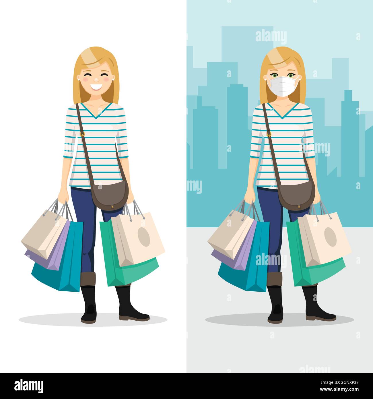 Blonde hair woman with shopping bags with mask and without mask. People ...
