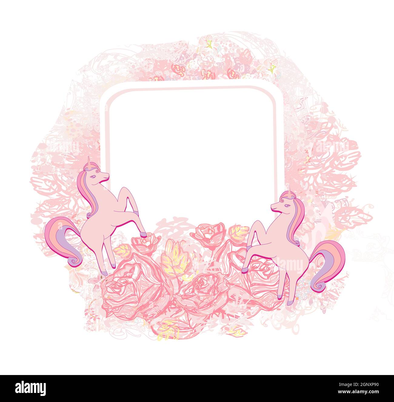 decorative flower frame with beautiful unicorns Stock Photo - Alamy