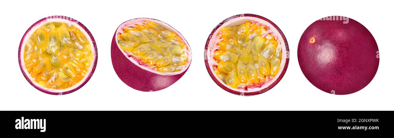 Collection of fruit segments. Different whole and cut in half passion fruits isolated on white ...