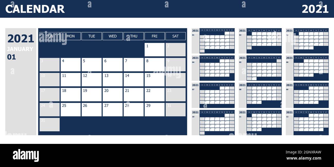 Calendar 2021 week start Sunday design planner with blue and grey Stock ...
