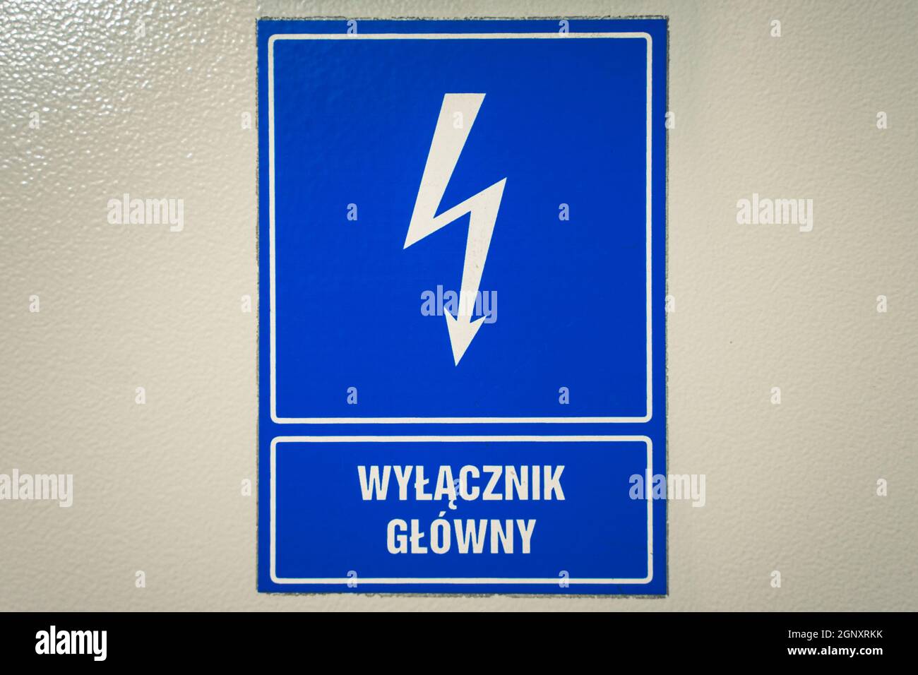Closeup of the blue wall sign. Information board. Main switch Stock ...