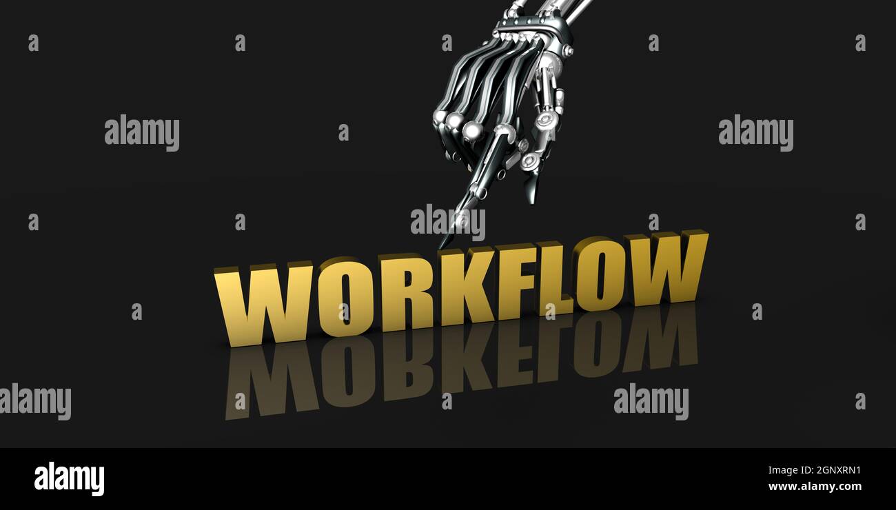 Workflow Industry with Robotic Hand Pointing on Black Background Stock ...