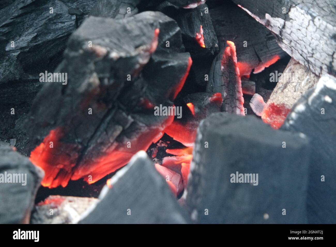 Fire on logs in fire pot with embers and burning coal. Bonfire with ...