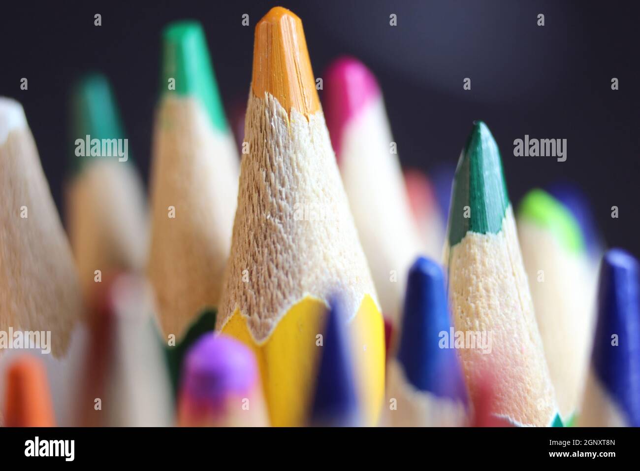 Close-up view of bright colored multicolor pencils on black background ...