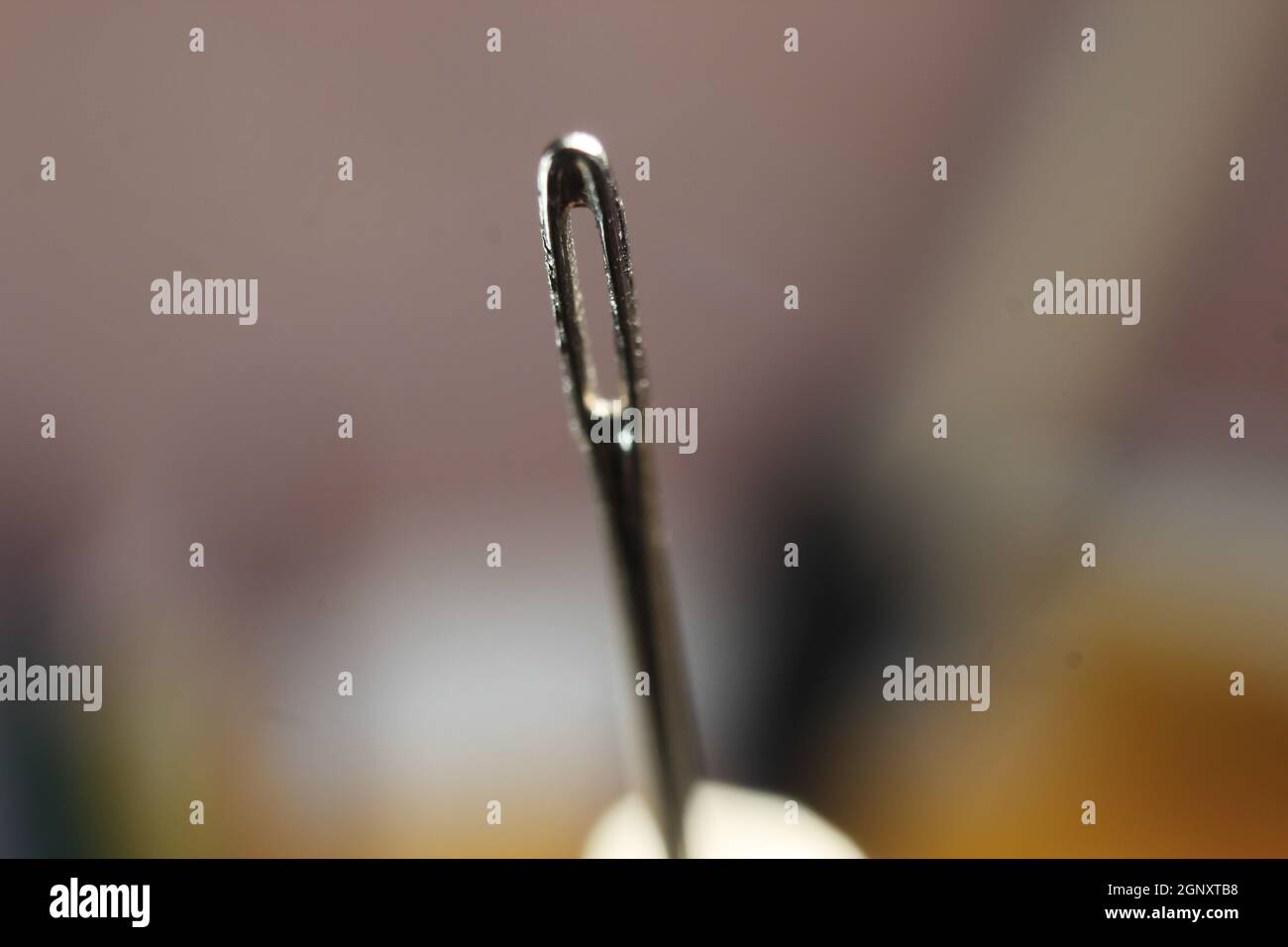 Macro photograph of sewing needle. Small needle with empty eyelet ...