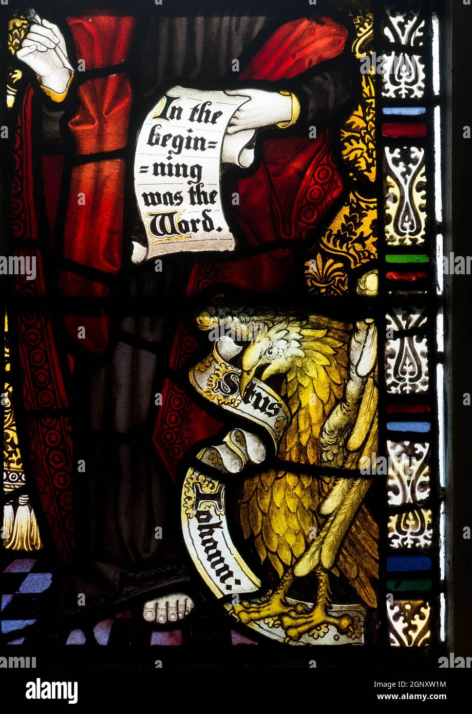 Saint John eagle detail, stained glass, St. Leonard`s Church, Wigginton ...