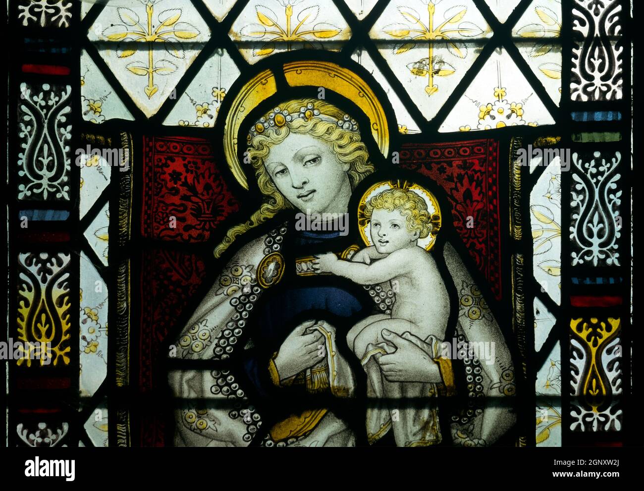 Mary and infant Jesus stained glass, St. Leonard`s Church, Wigginton ...