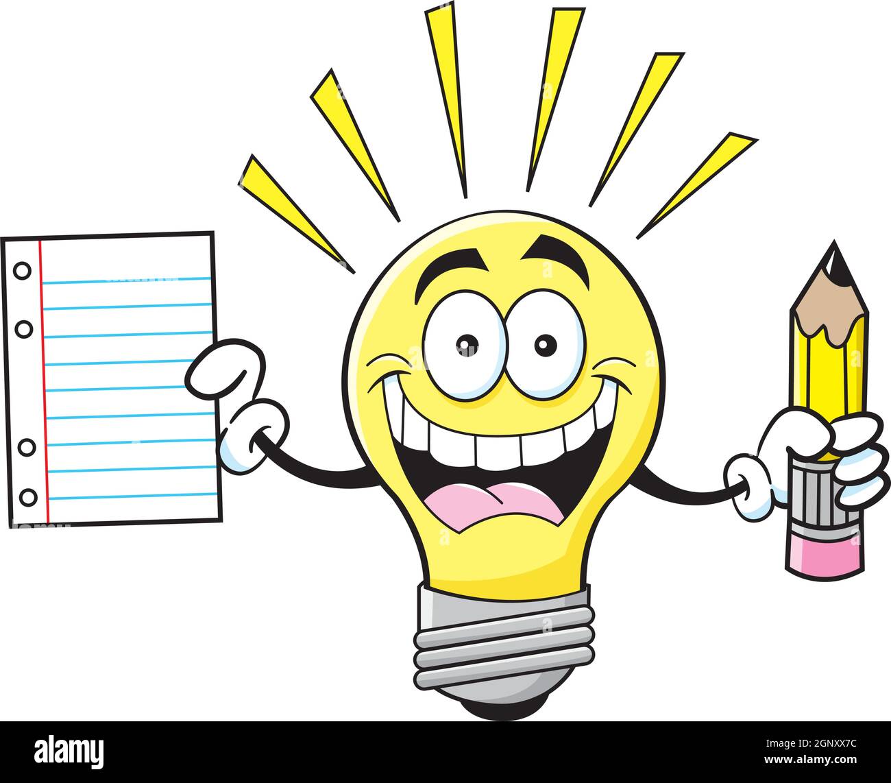 Cartoon illustration of a light bulb holding a paper and pencil Stock ...
