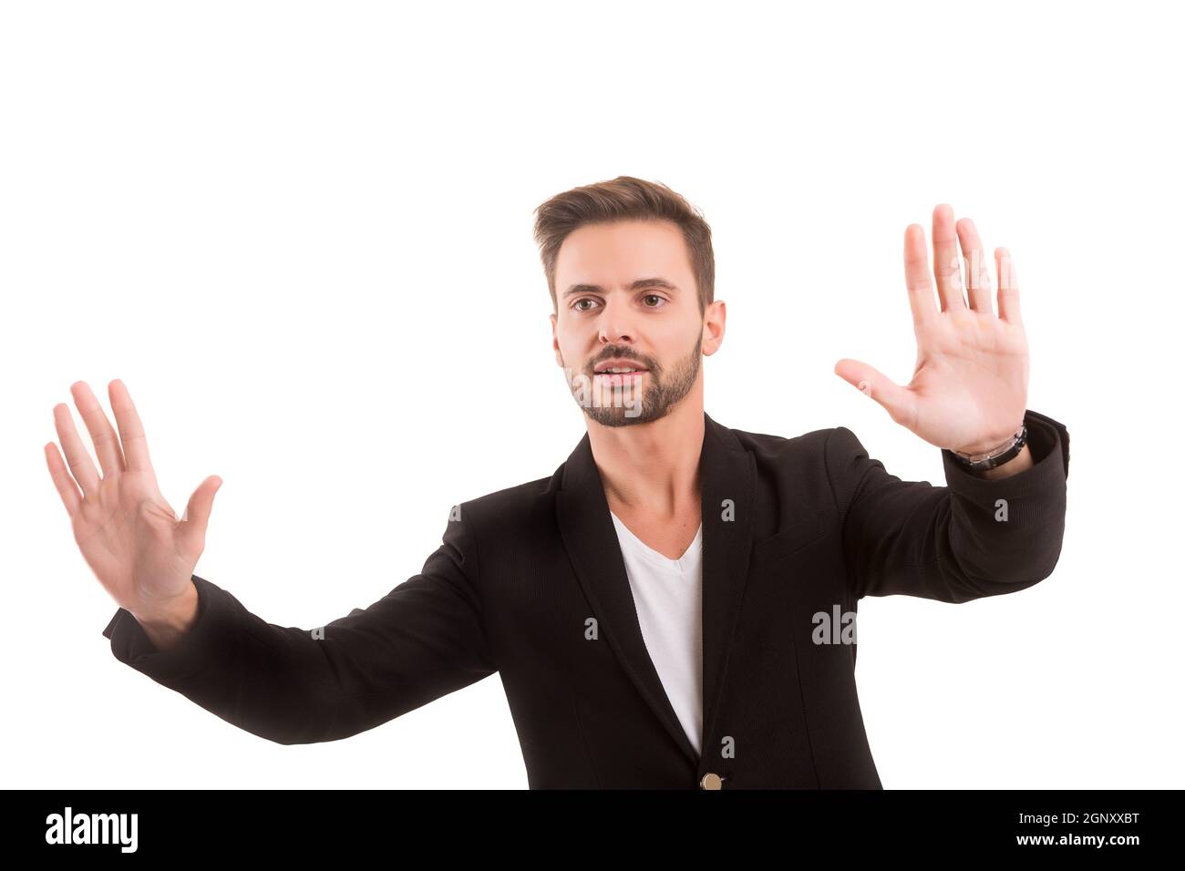 Business man pressing key, isolated over white Stock Photo - Alamy