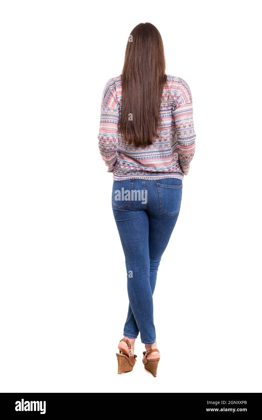 Woman posing with her back faced to camera, isolated over copy space ...