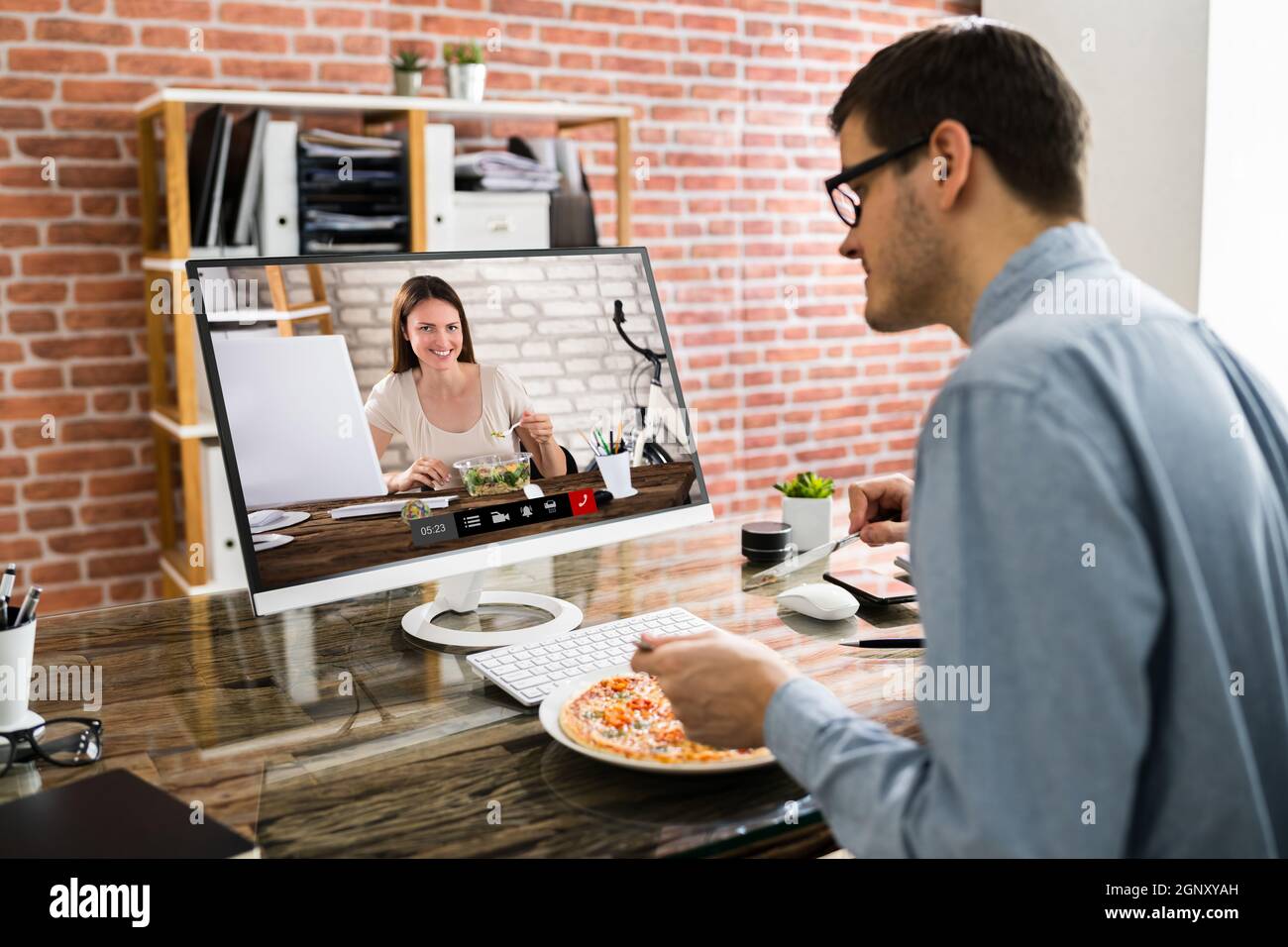 Virtual Office Lunch Break Using Online Video Conference Stock Photo ...